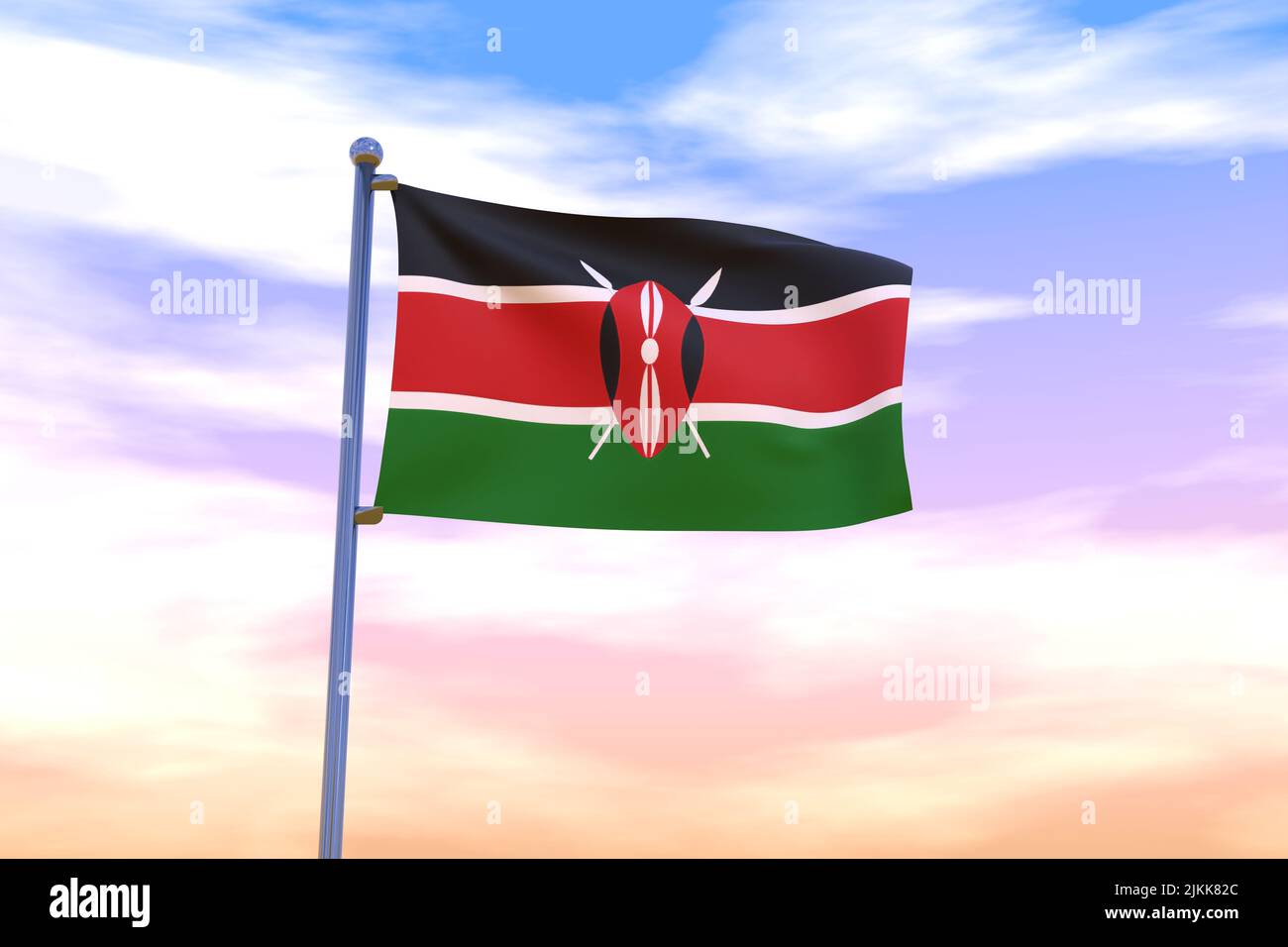 Waving flag of Kenya with chrome flag pole in blue sky waving in the ...