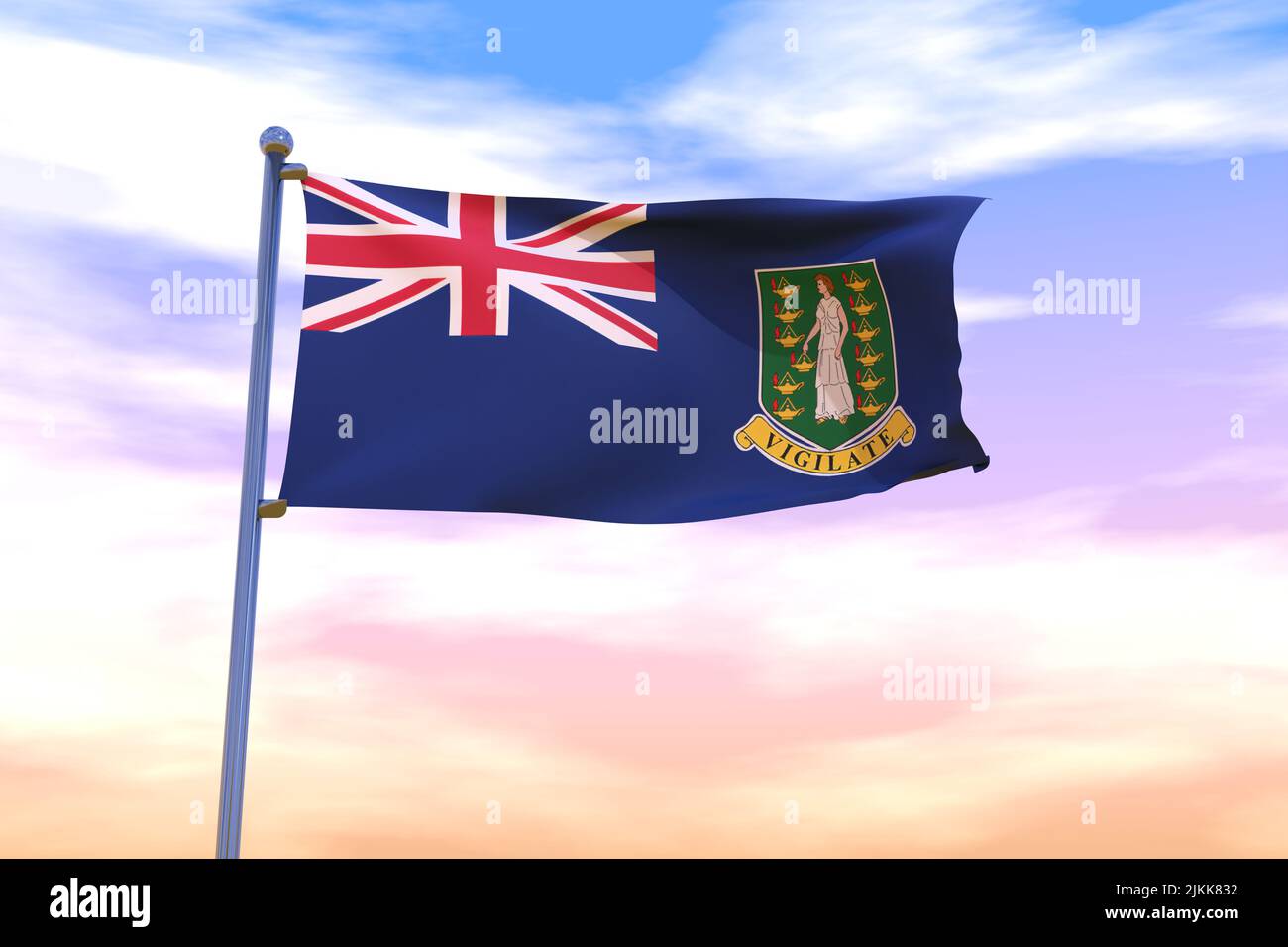 Waving flag of British Virgin Islands with chrome flag pole in blue sky ...