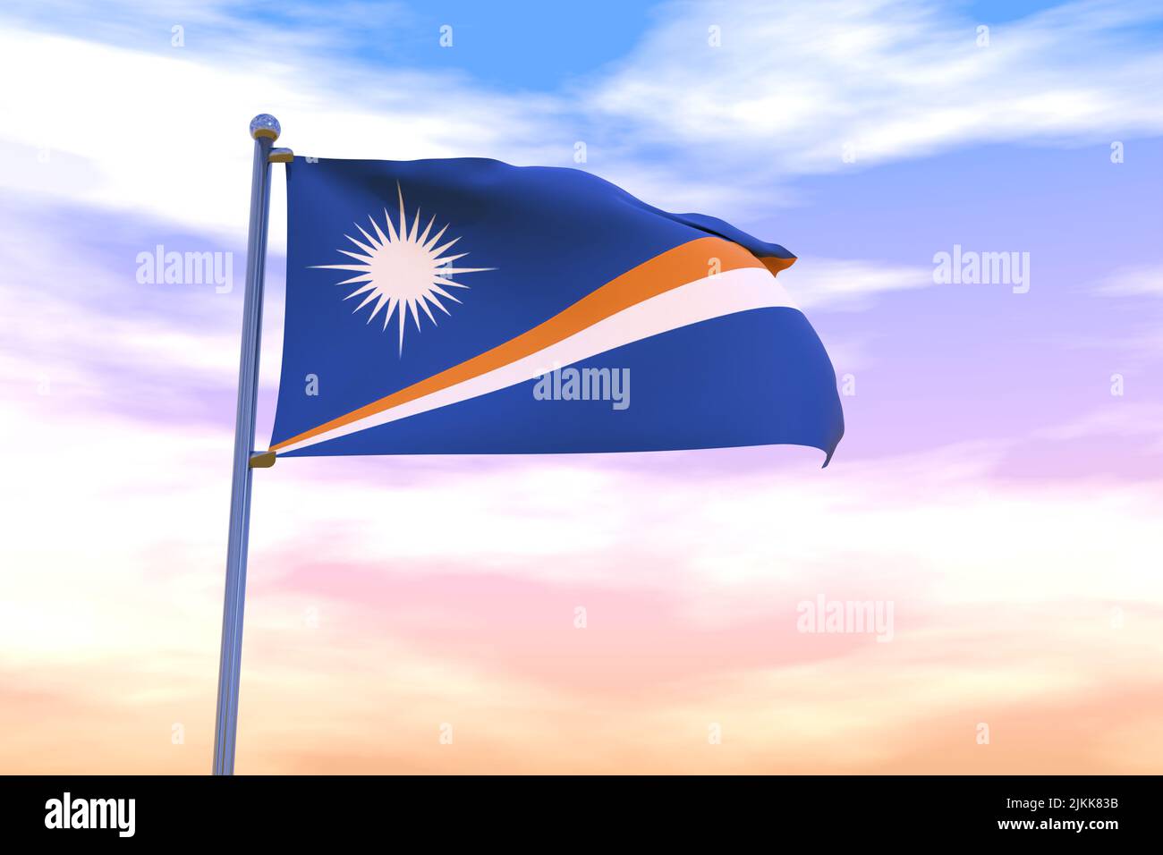 Waving flag of Marshall Islands with chrome flag pole in blue sky ...