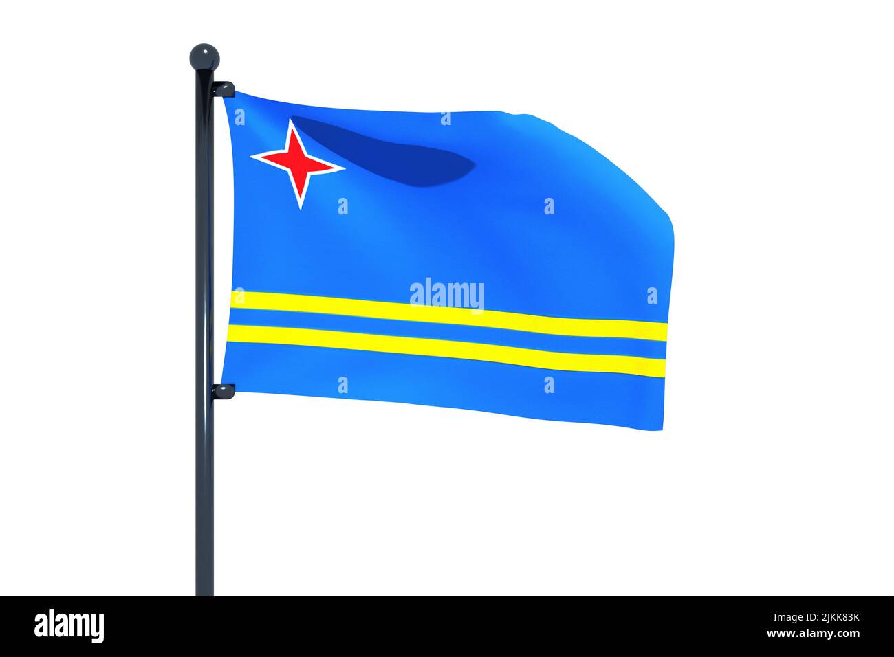 3D illustration of flag of Aruba with chrome flag pole with snap hooks ...