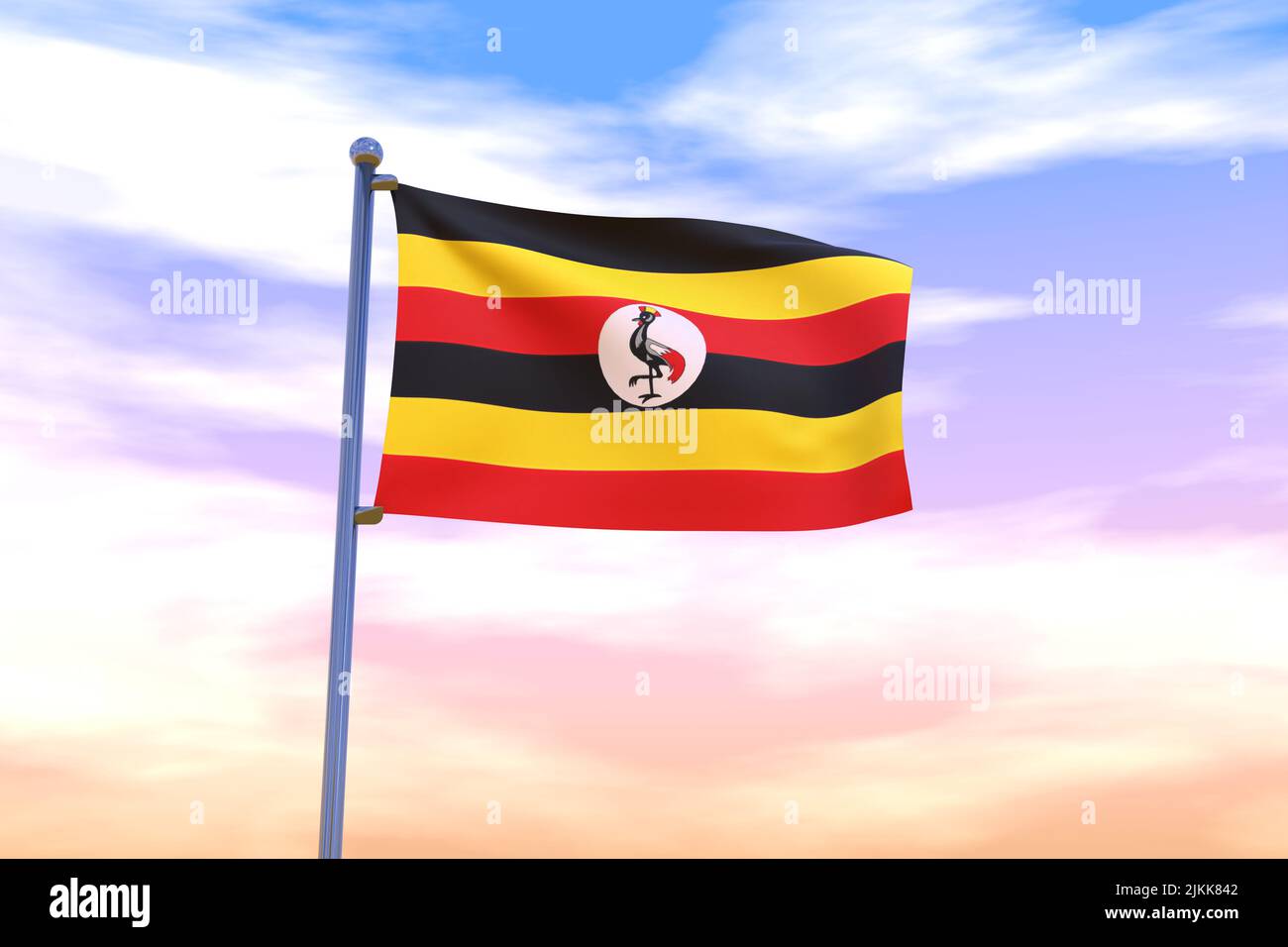 Waving flag of Uganda with chrome flag pole in blue sky waving in the ...
