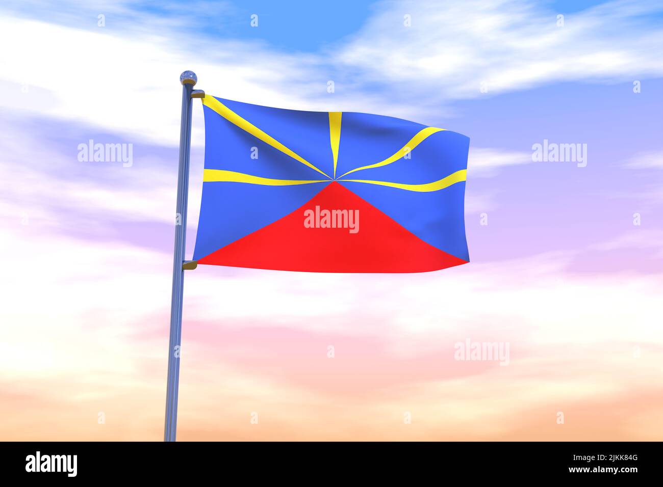 Waving flag of Reunion with chrome flag pole in blue sky waving in the ...