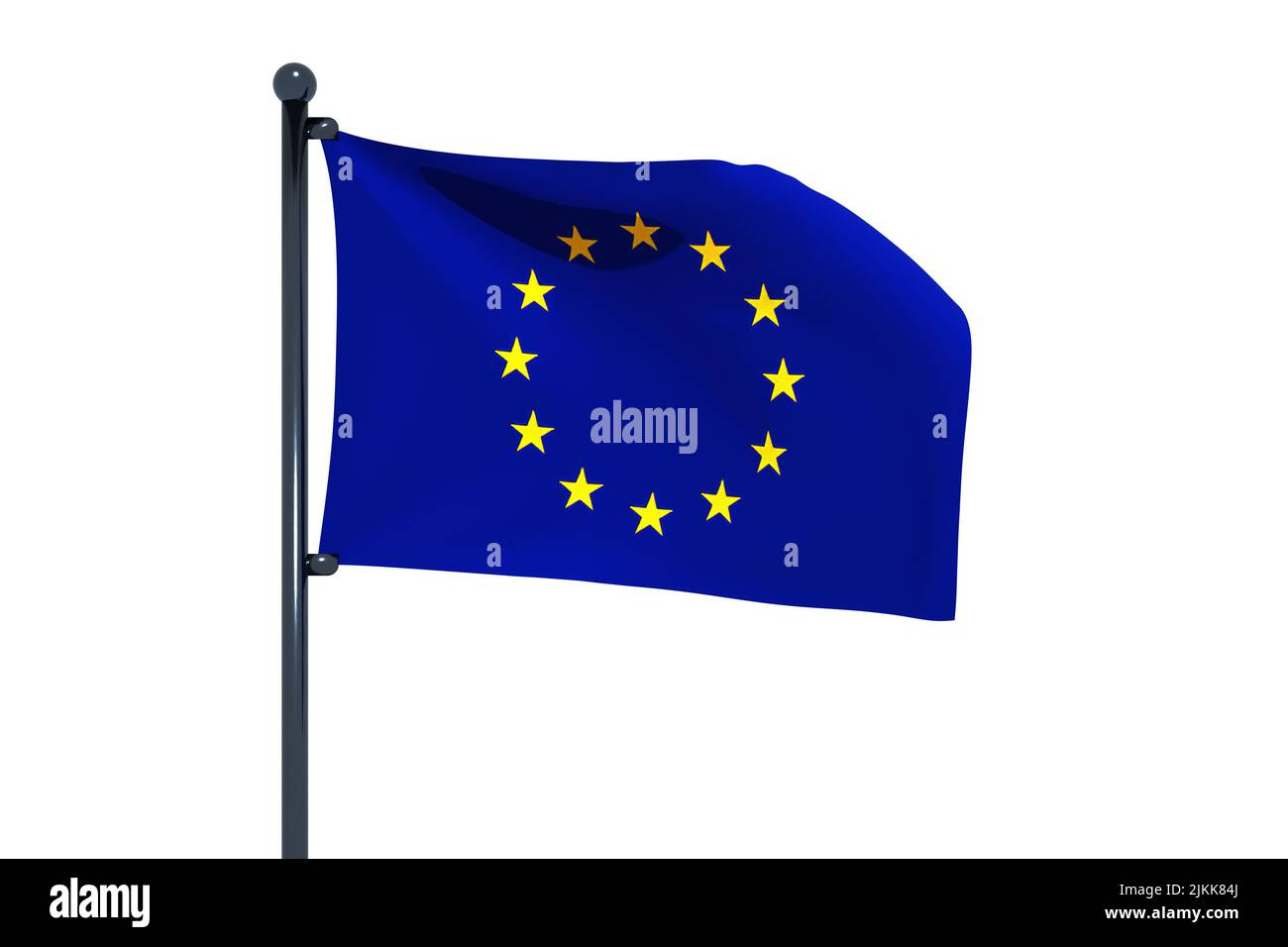 3D illustration of flag of European Union with chrome flag pole with ...