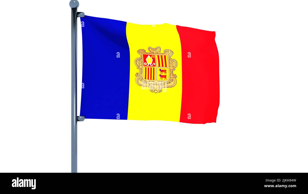 A waving flag of Andorra on a flagpole isolated on a white background ...