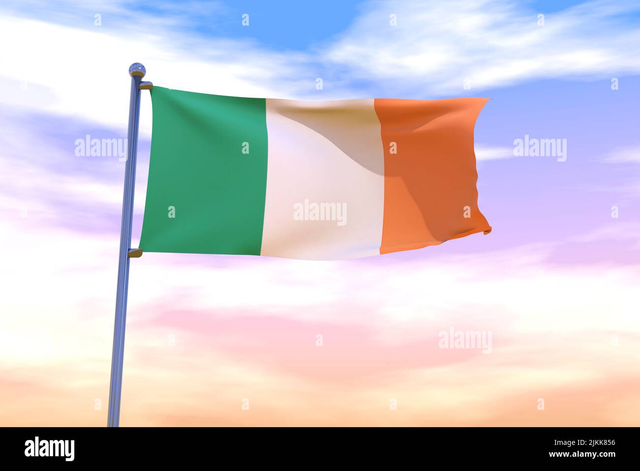 Waving flag of Ireland with chrome flag pole in blue sky waving in the ...