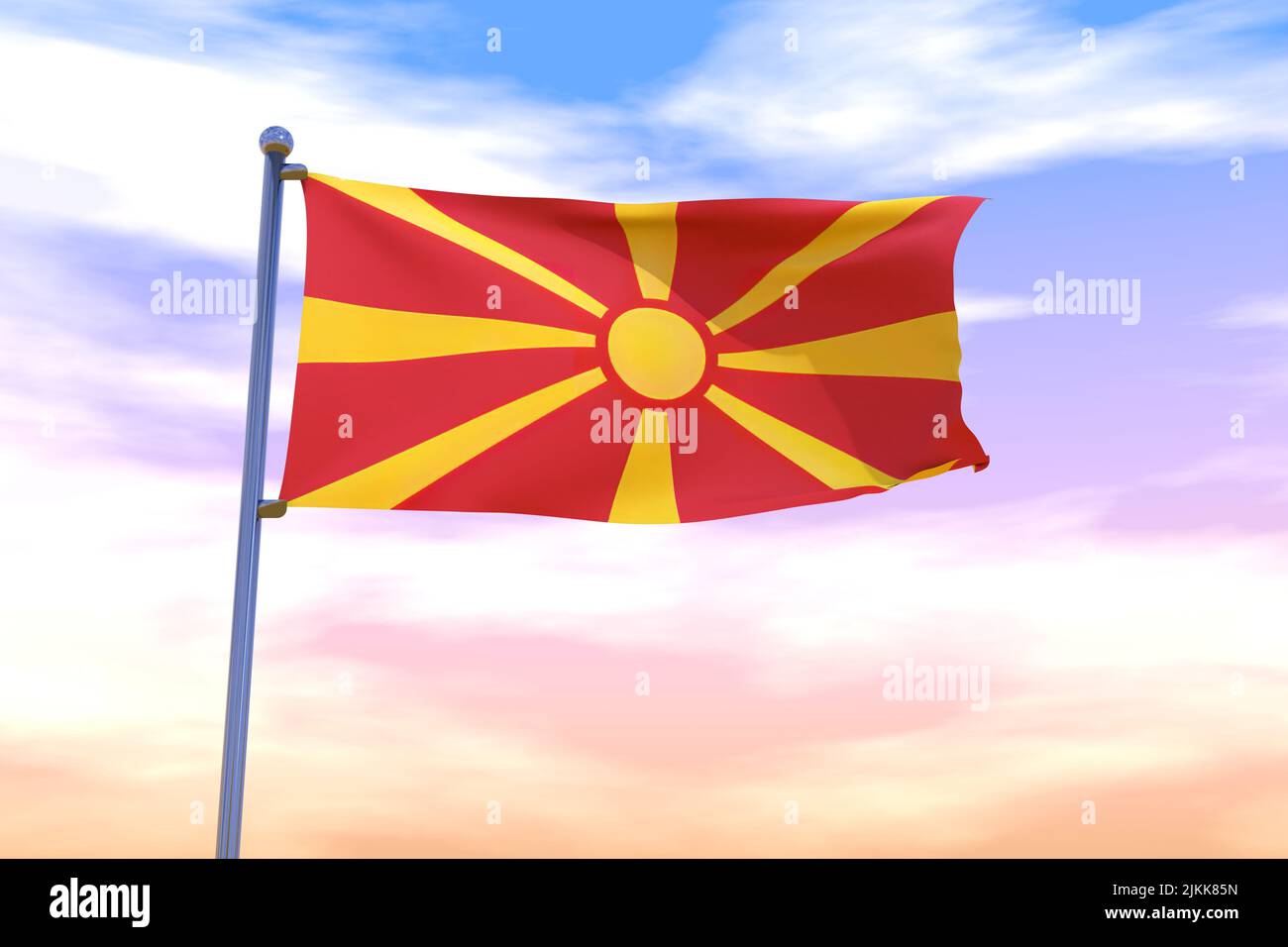 Waving flag of Macedonia with chrome flag pole in blue sky waving in ...