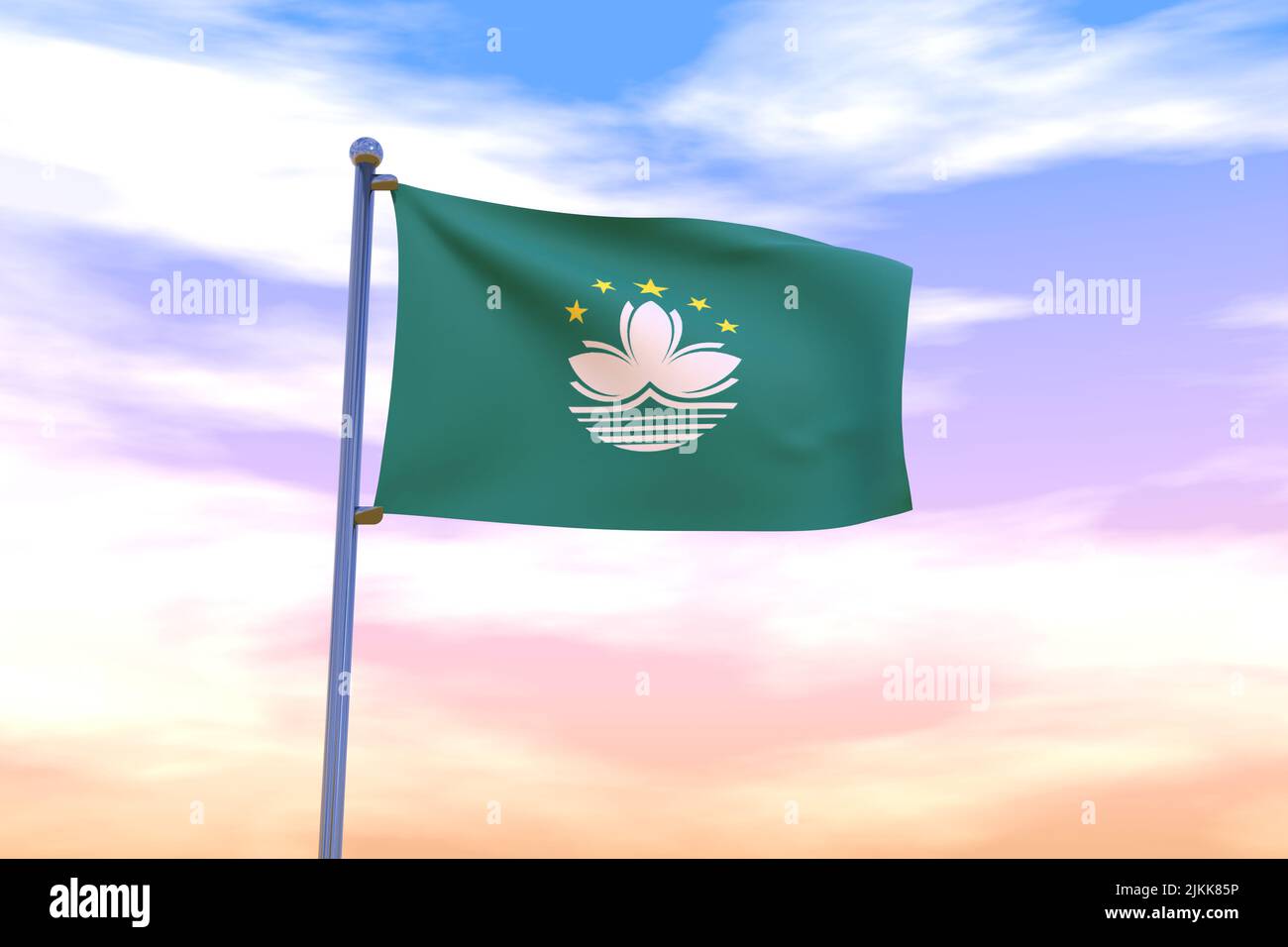 Waving flag of Macao with chrome flag pole in blue sky waving in the ...