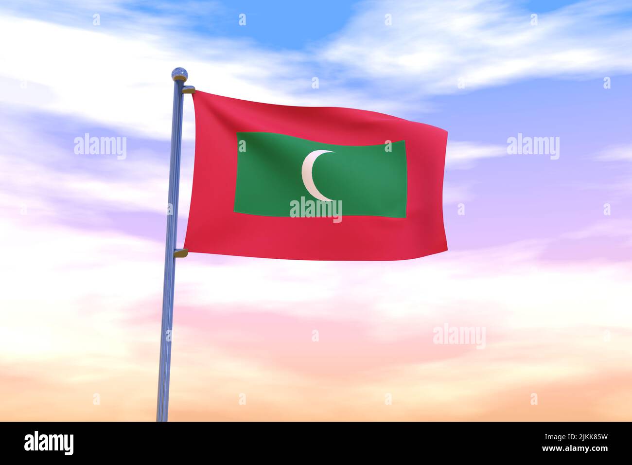 Waving flag of Maldives with chrome flag pole in blue sky waving in the ...