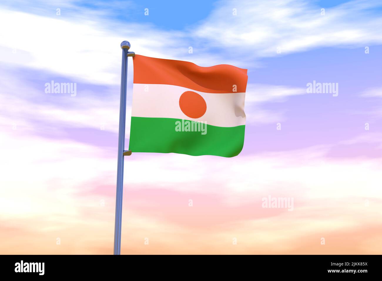 Waving flag of Niger with chrome flag pole in blue sky waving in the ...