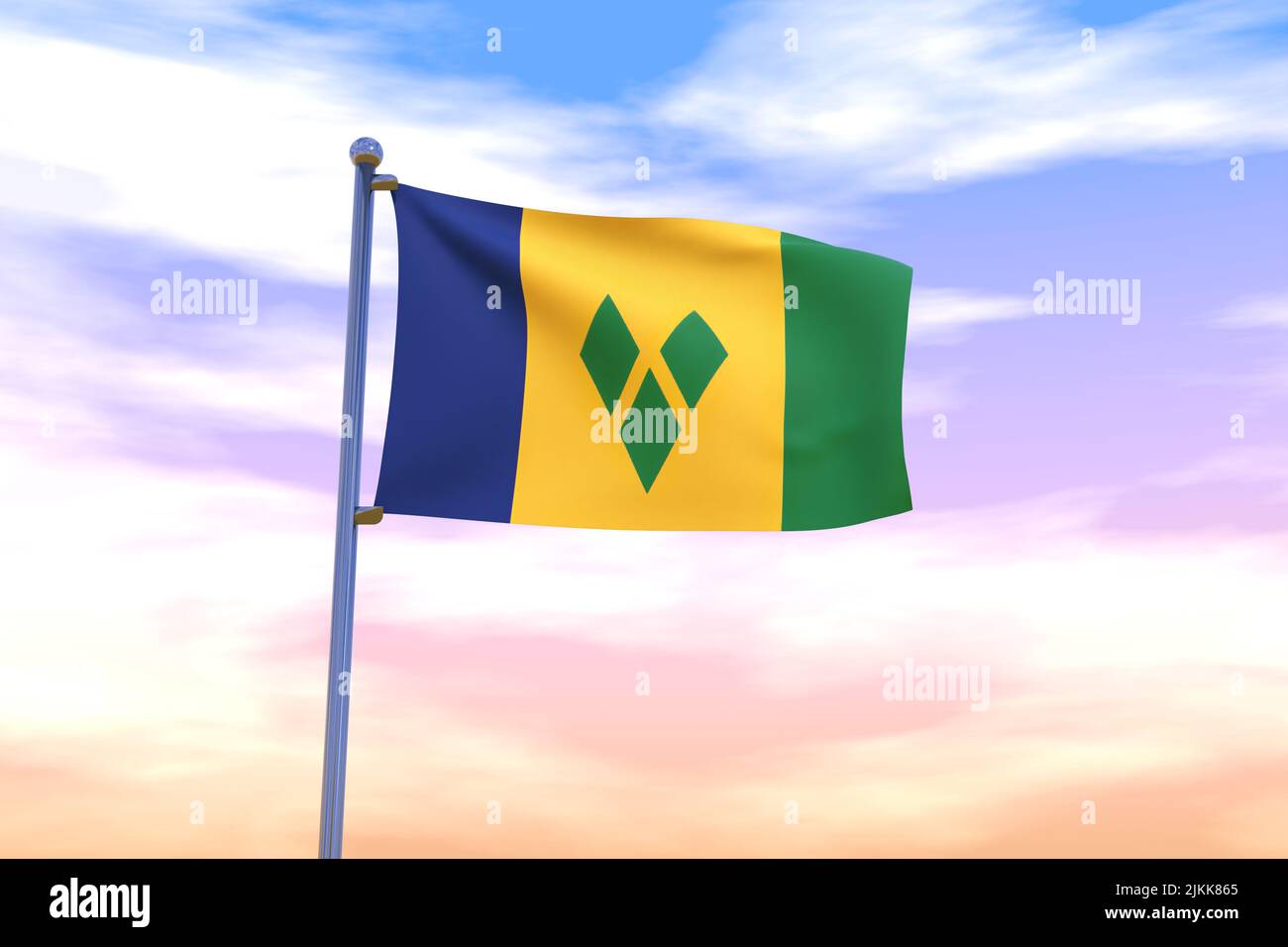 Waving flag of Saint Vincent and The Grenadines with chrome flag pole ...