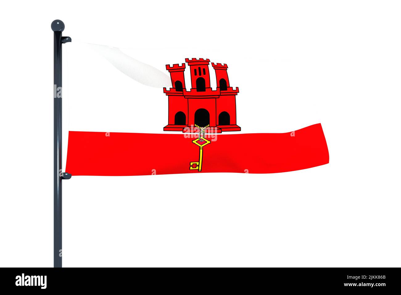 3D illustration of flag of Gibraltar with chrome flag pole with snap ...