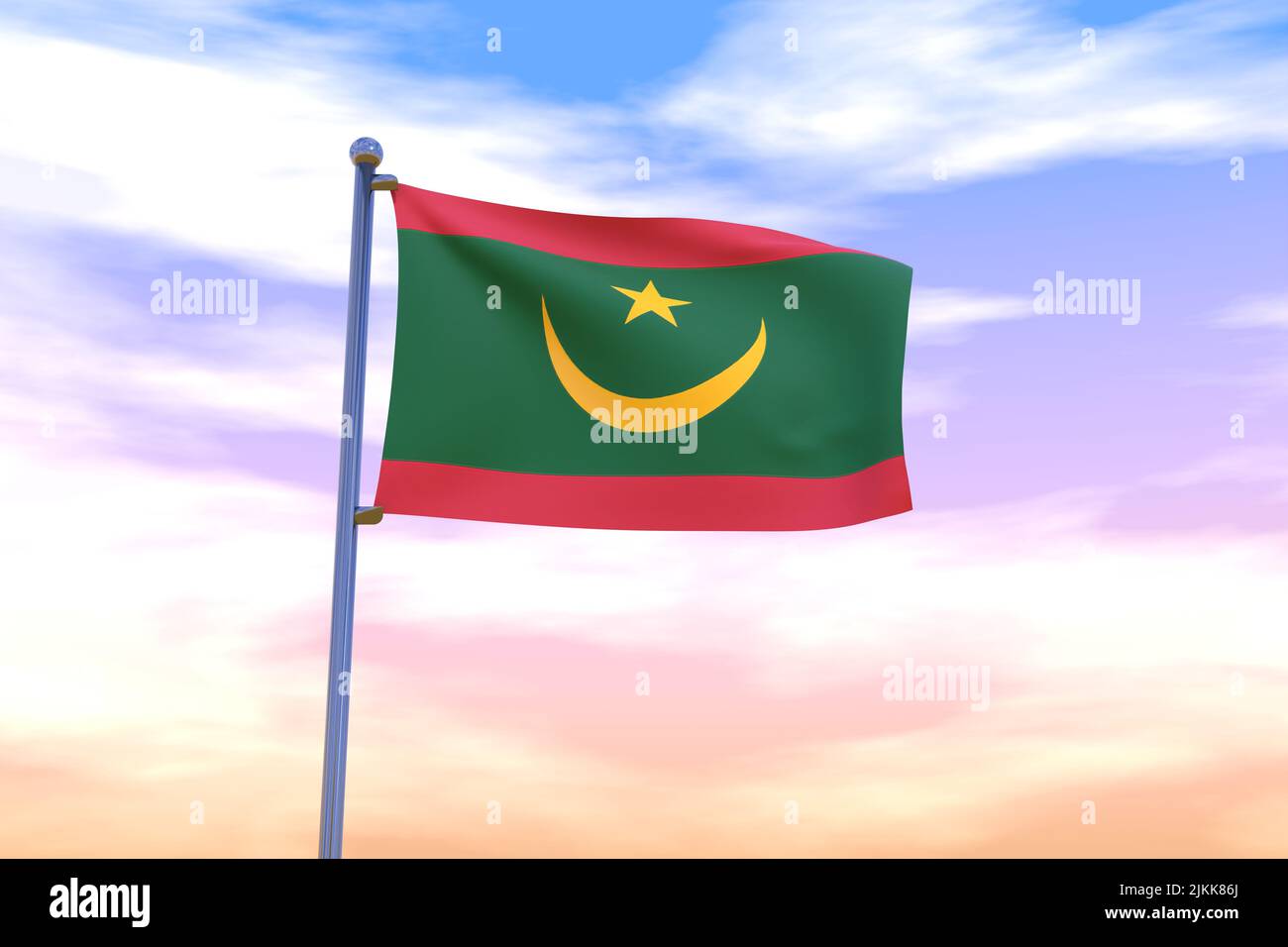 Waving flag of Mauritania with chrome flag pole in blue sky waving in ...