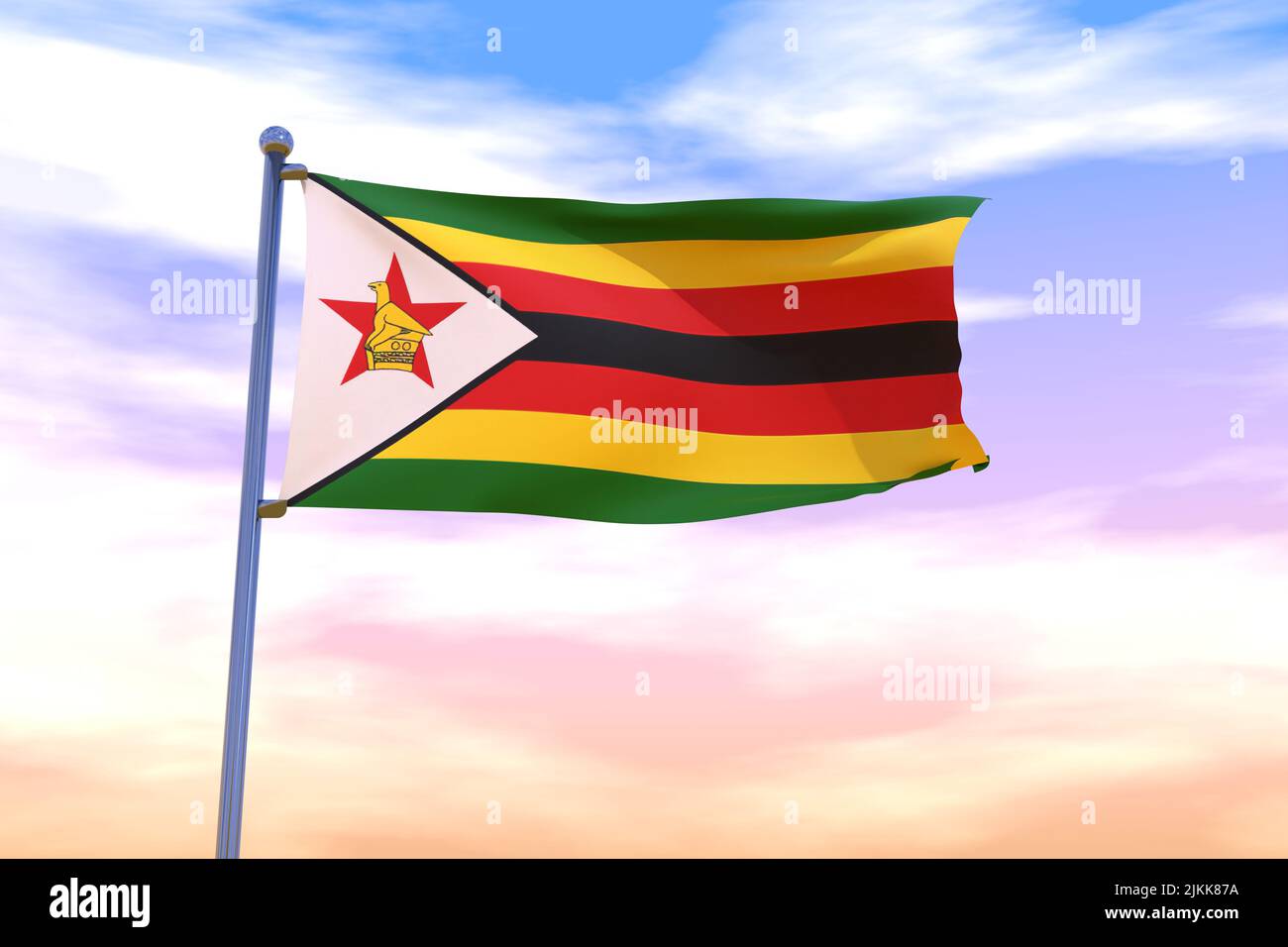 Waving flag of Zimbabwe with chrome flag pole in blue sky waving in the ...