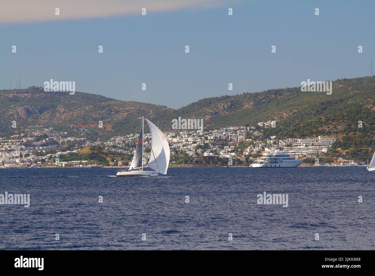 Bodrum,Turkey. 25 May 2019: Sailboats sail in windy weather in the blue ...