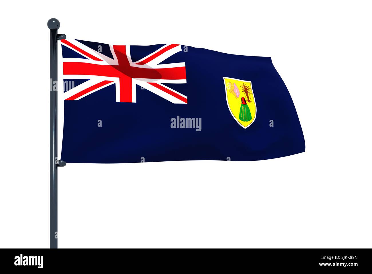 3D illustration of flag of Turks and Caicos Islands with chrome flag ...