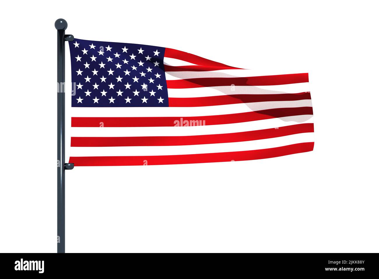 3D illustration of flag of United States with chrome flag pole with ...