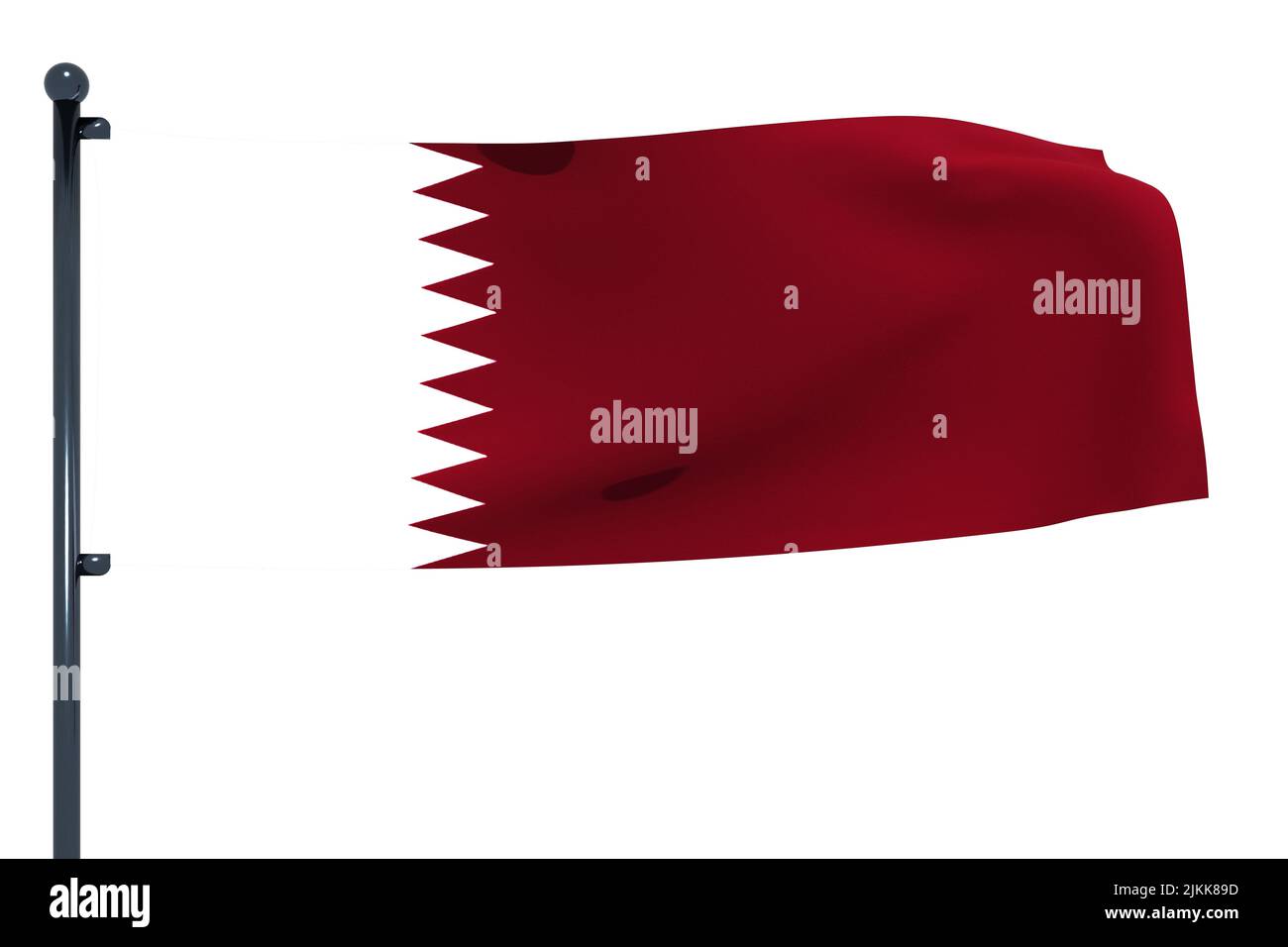 3D illustration of flag of Qatar with chrome flag pole with snap hooks ...