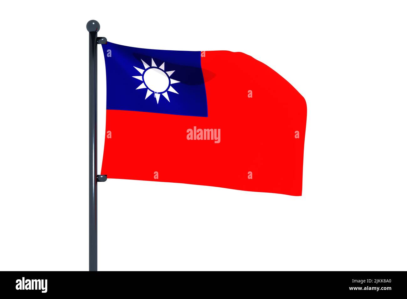 3D illustration of flag of Taiwan with chrome flag pole with snap hooks ...