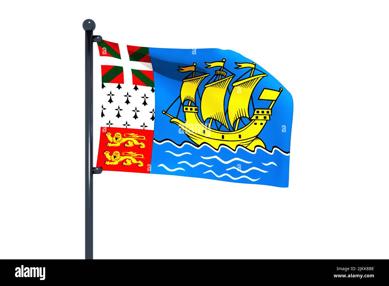 3D illustration of flag of Saint Pierre and Miquelon with chrome flag ...