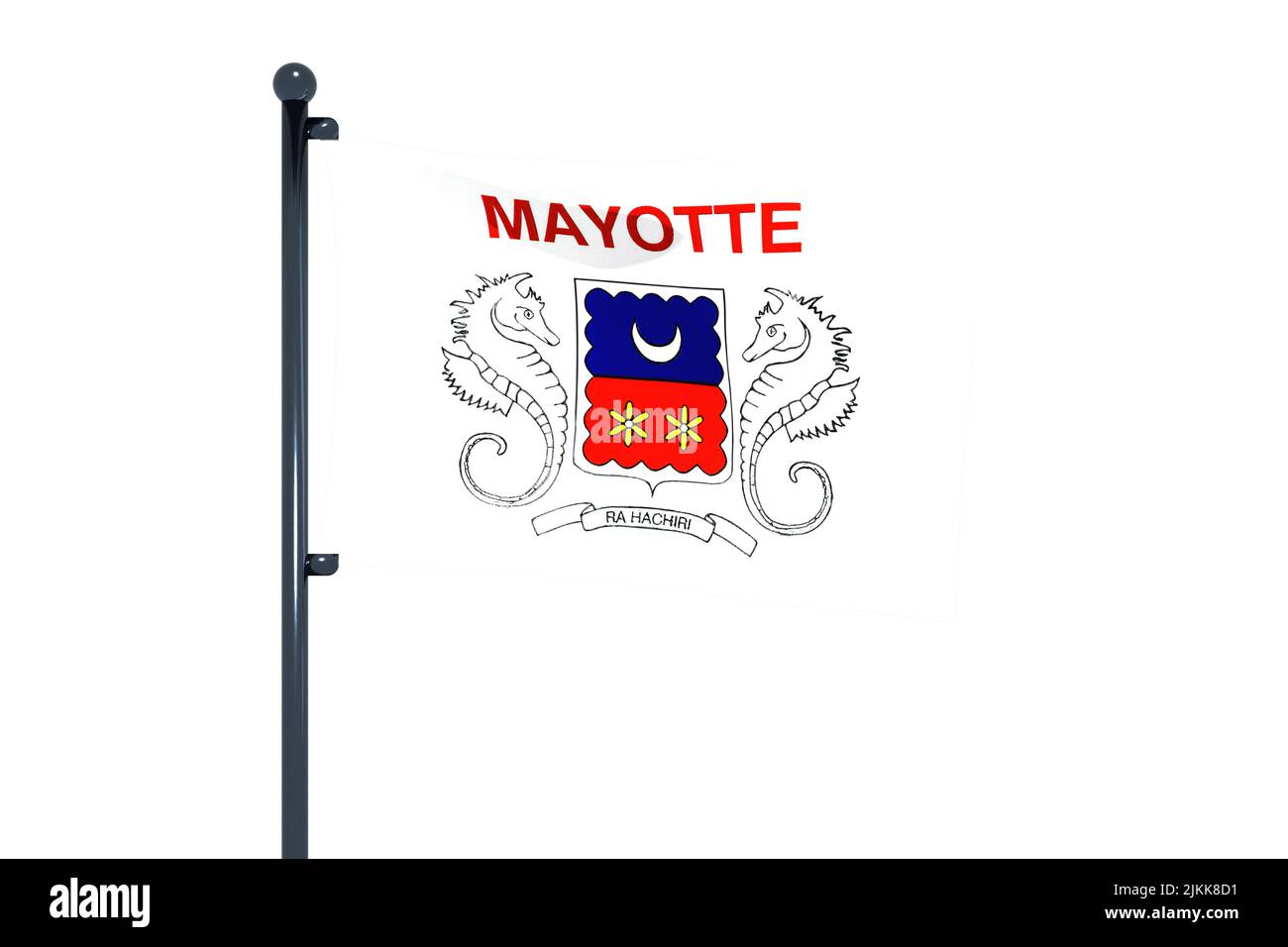 3D illustration of flag of Mayotte with chrome flag pole with snap ...