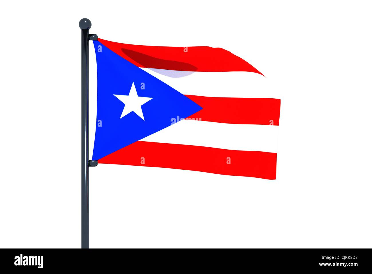 3D illustration of flag of Puerto Rico with chrome flag pole with snap ...