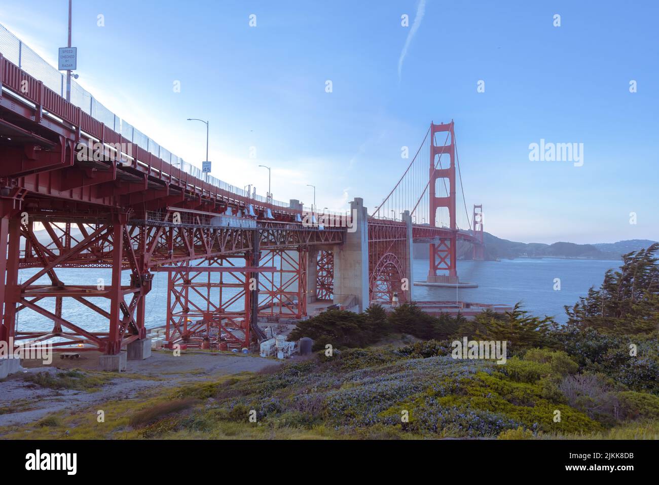 A perspective view of the Golden Gate bridge over the lake Stock Photo ...