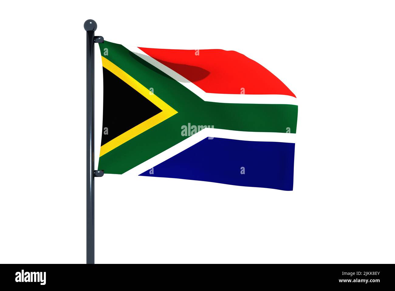 3D illustration of flag of South Africa with chrome flag pole with snap ...