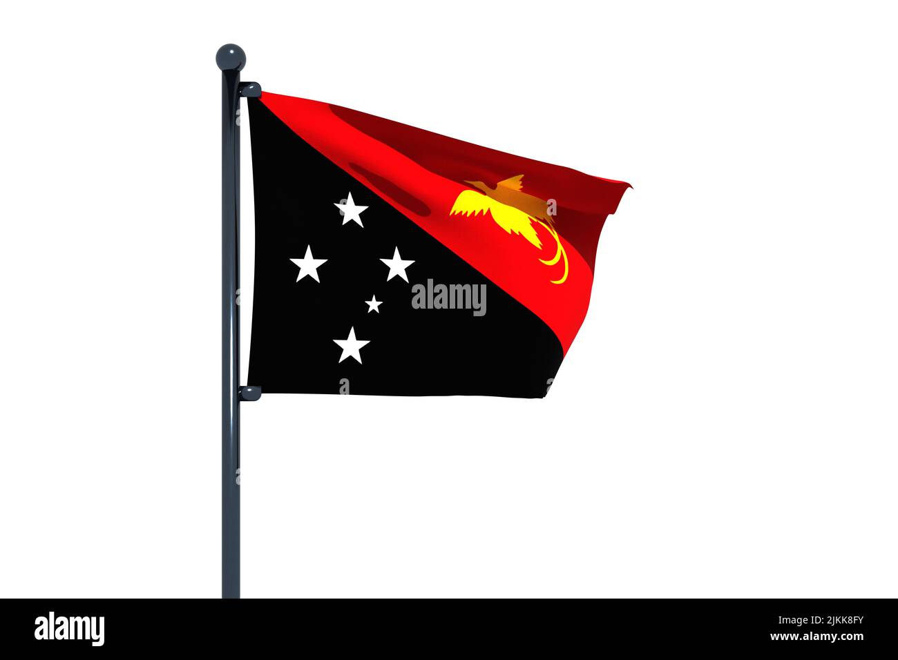 3D illustration of flag of Papua New Guinea with chrome flag pole with ...