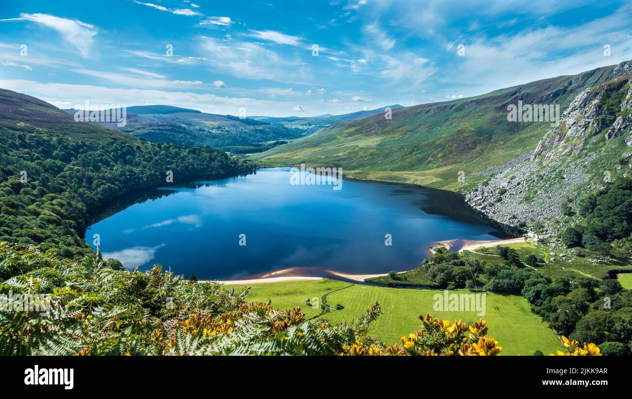 An aerial view of a calm lake surrounded by greenery-covered hills in ...