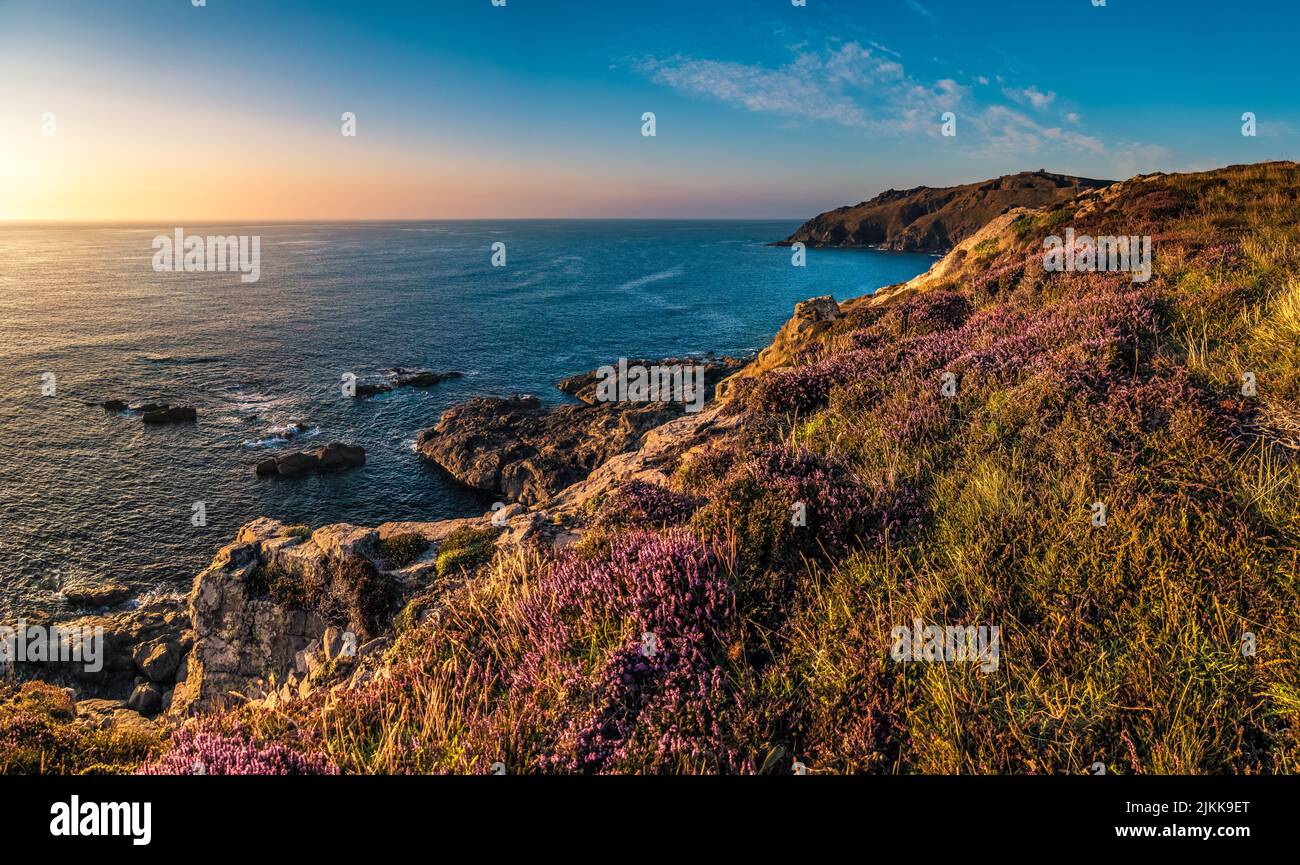 An aerial view of a natural landscape in Southern England at sunset ...