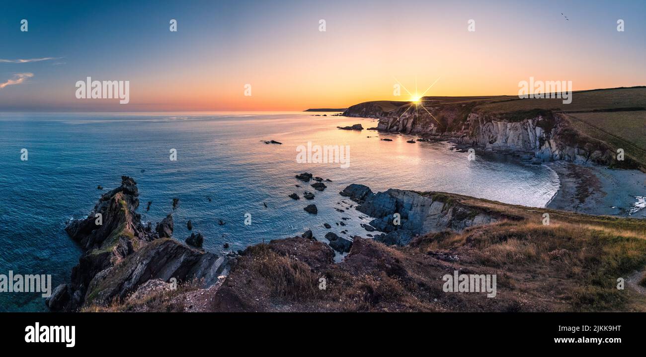 An aerial view of a natural landscape in Southern England at sunset ...