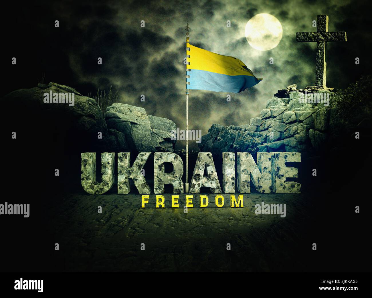A 3D rendering of the words Ukraine freedom next to its flag in the ...