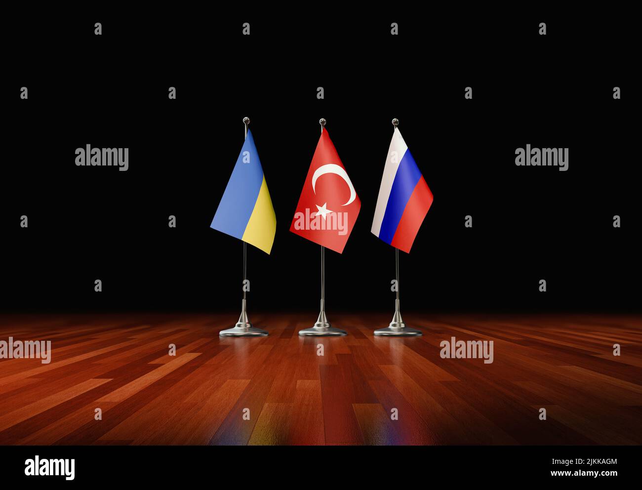 A 3D rendering of the flags of Russia, Ukraine, and Turkey on a wooden ...