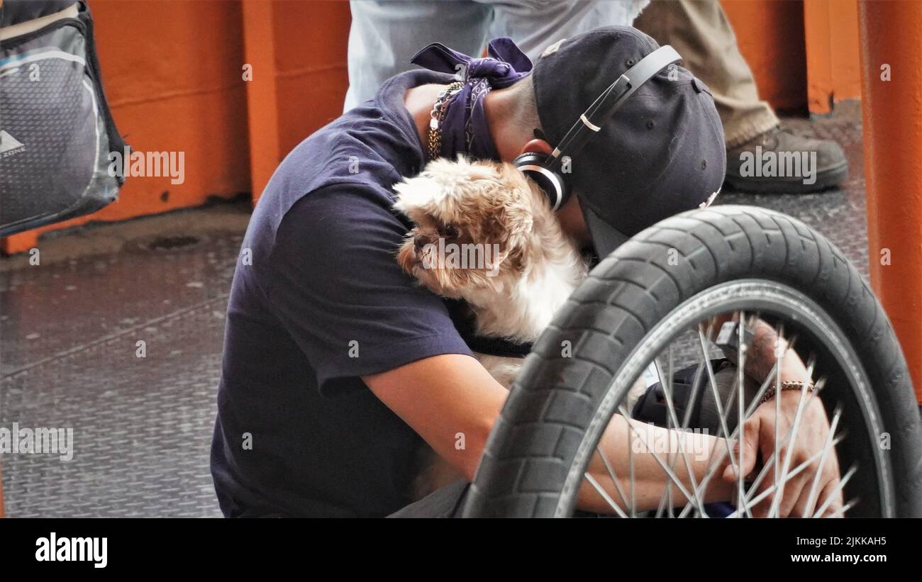 A sad male hugging his dog while sitting on the ground Stock Photo - Alamy