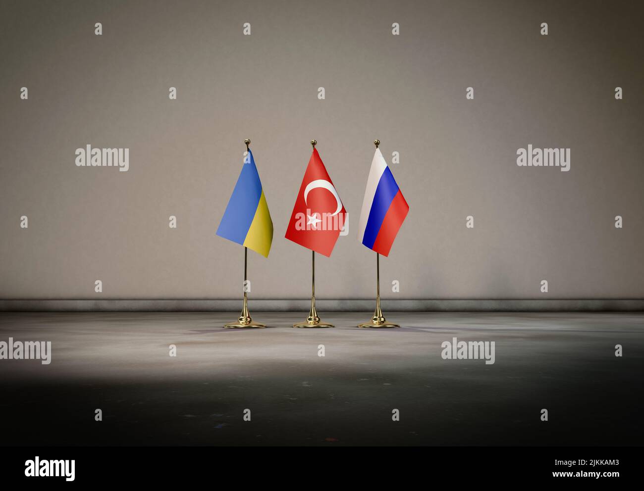 A 3D rendering of the flags of Russia, Ukraine, and Turkey on a wooden ...