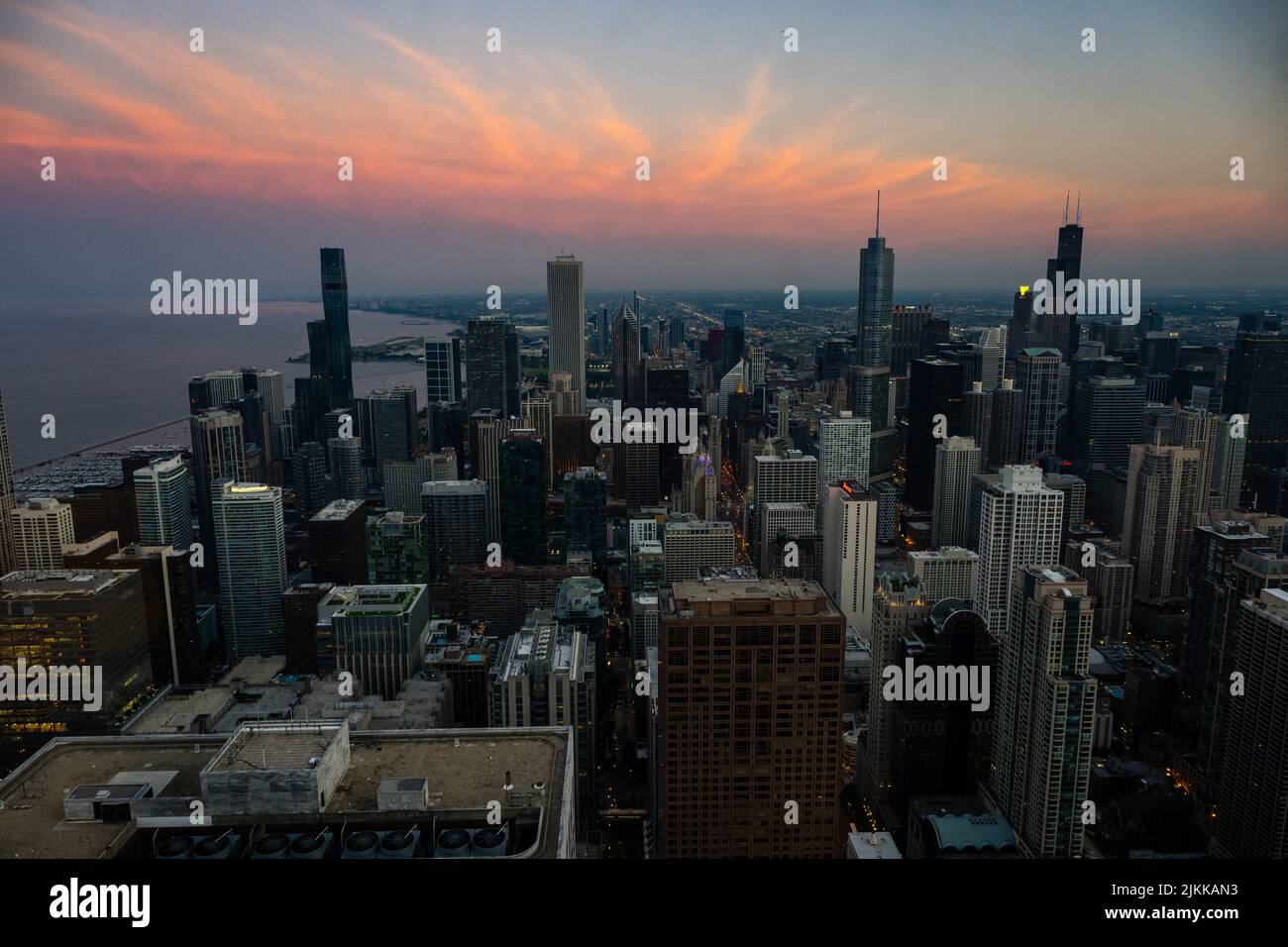An aerial view of skyscrapers in the downtown of Chicago during the ...
