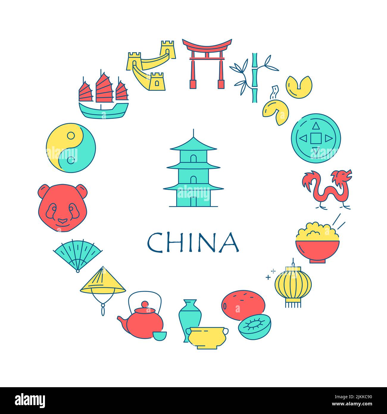 China round poster in line style. Chinese national symbols. Vector ...