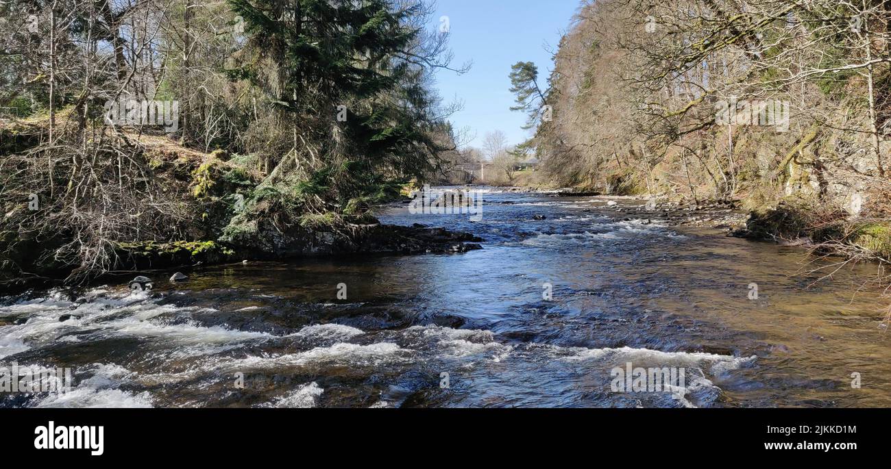 A beautiful view of a river flowing over rocks through the woods Stock ...