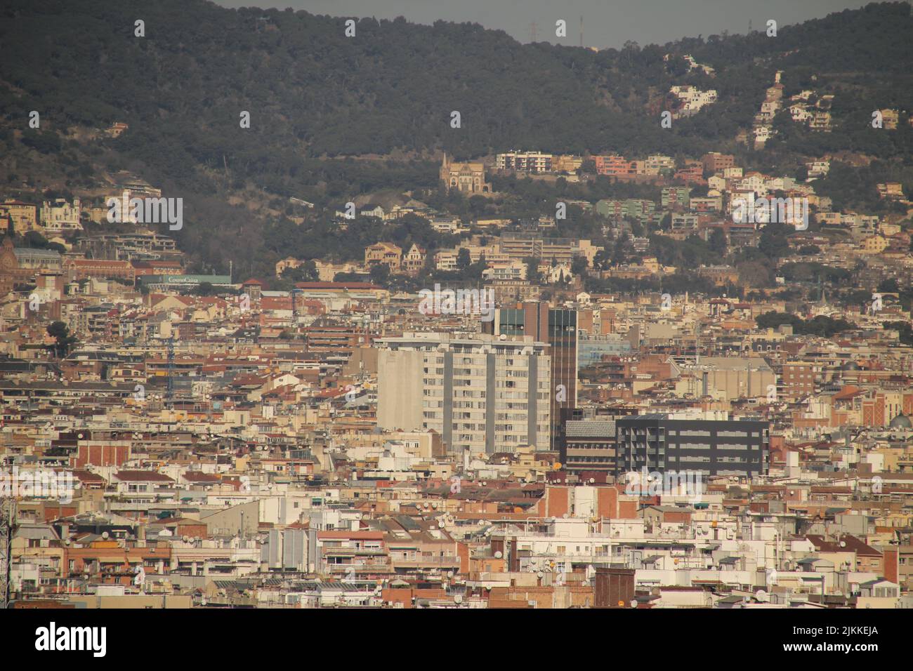 A bird's-eye view of Barcelona, Spain.Blocks with buildings, roads on ...