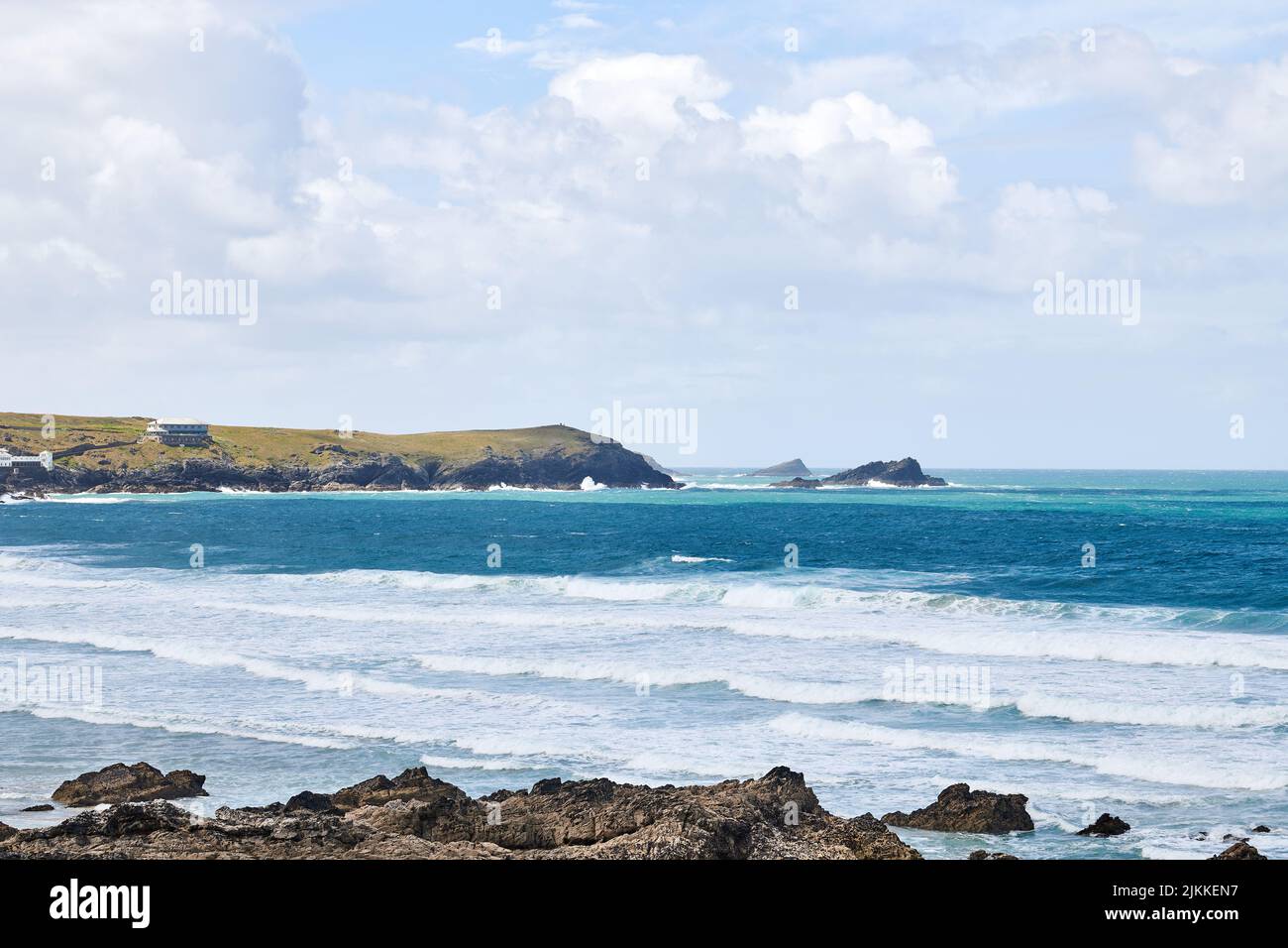 The Atlantic ocean waves at Fistral beach and the Pentire headland ...