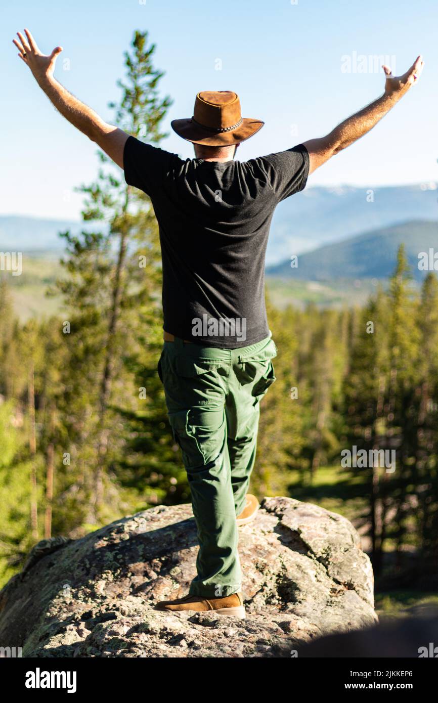 A vertical back view of a male celebrating a hike looking at the view ...