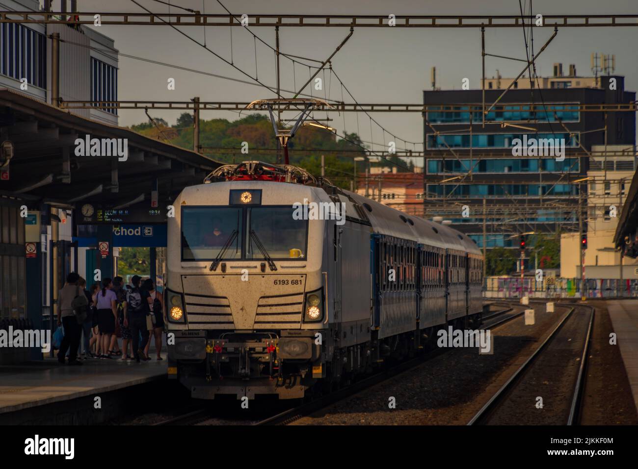 Passenger trains near station Prague Holesovice in capital of Czech ...