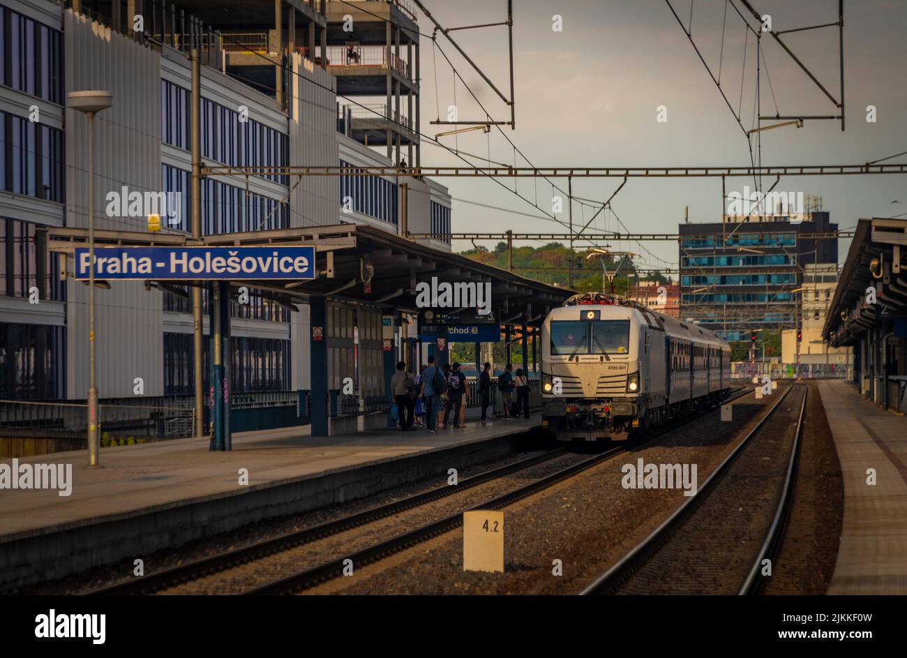 Passenger trains near station Prague Holesovice in capital of Czech ...
