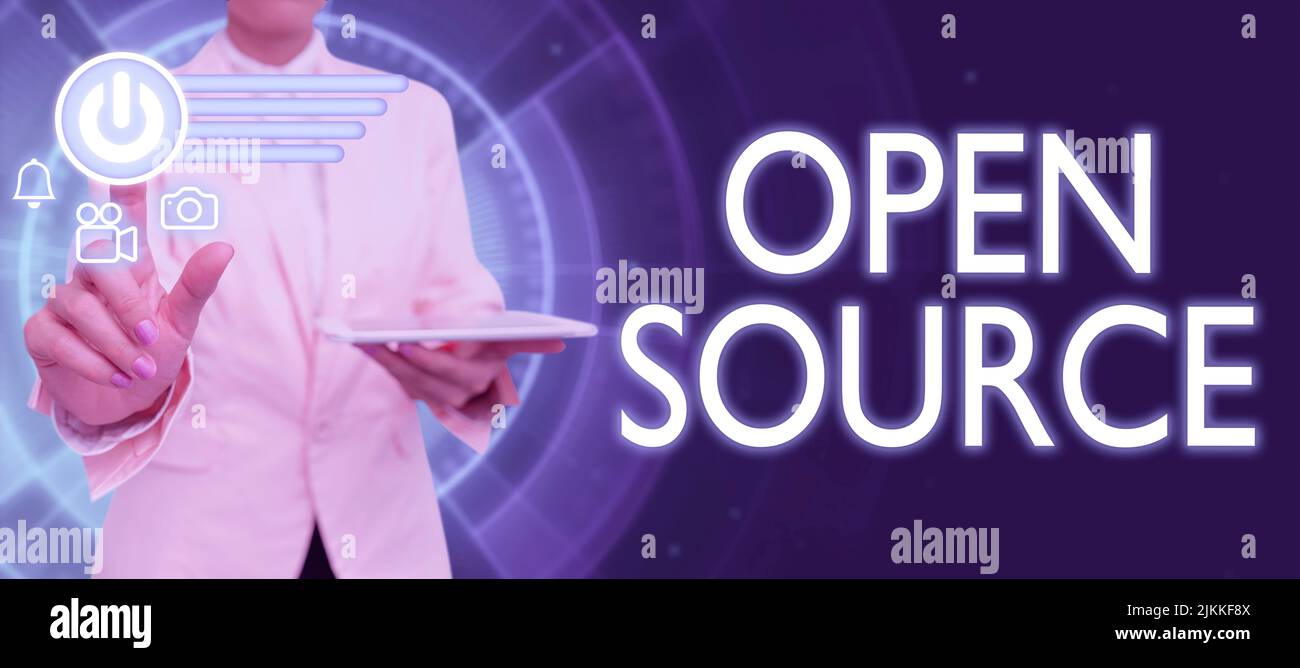 Conceptual caption Open Source. Word Written on denoting software which original source code ...