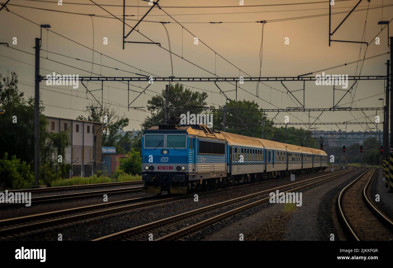 Passenger trains near station Prague Holesovice in capital of Czech ...