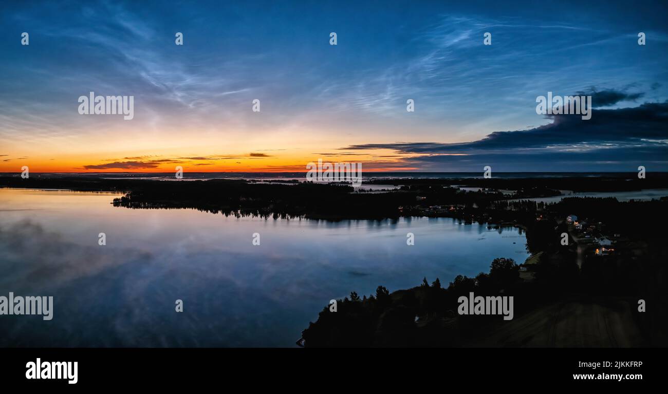 Aerial panorama Early Sunrise over Northern Sweden. Noctilucent night ...
