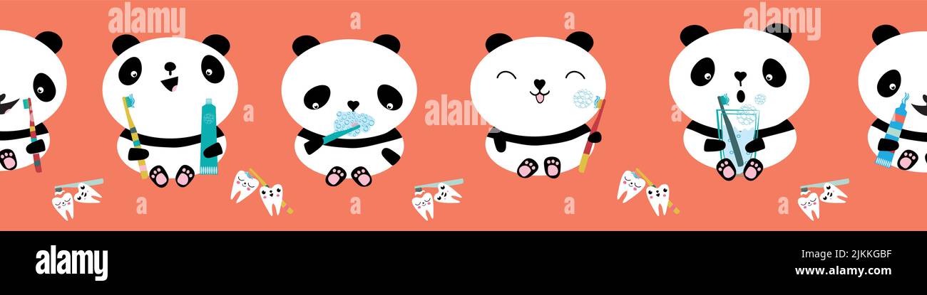 Kawaii panda kids dental health care vector educational seamless border ...