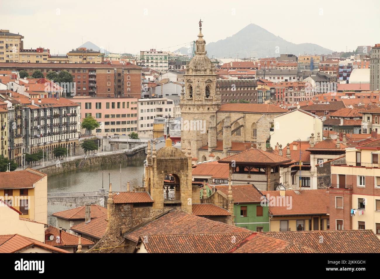 A beautiful cityscape scene of the buildings, church and houses of old ...
