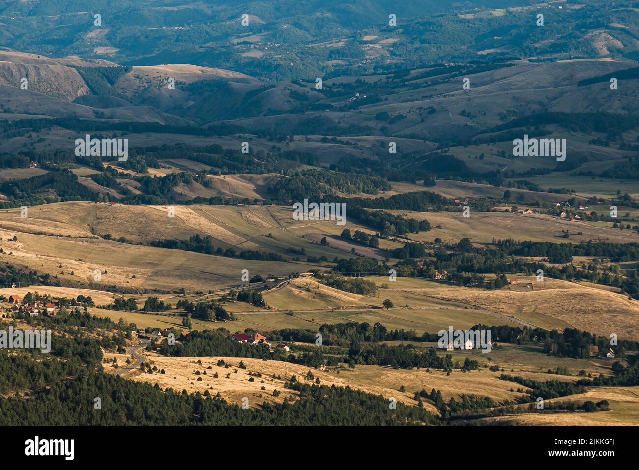 An aerial view of arid lands with dense forests and scattered bushes on ...