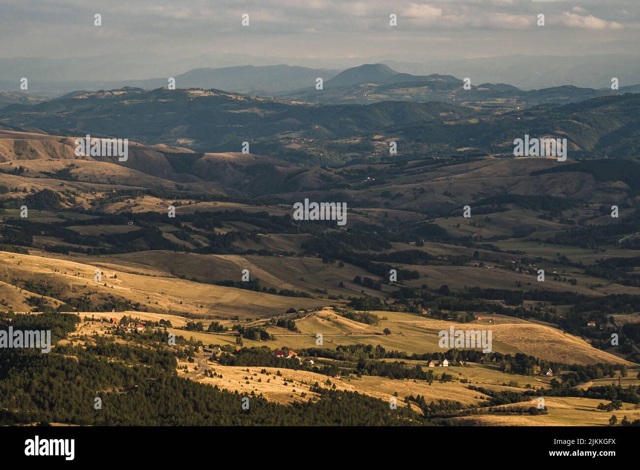An aerial view of arid lands with dense forests and scattered bushes on ...